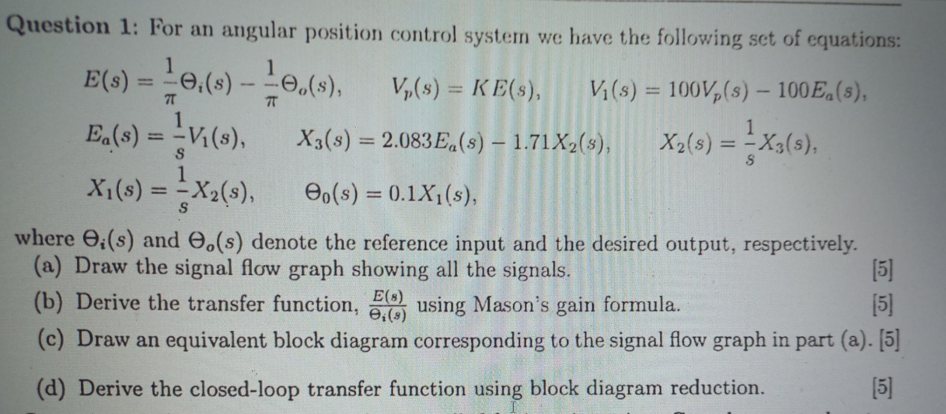 Question 1: For an angular position control system we | Chegg.com