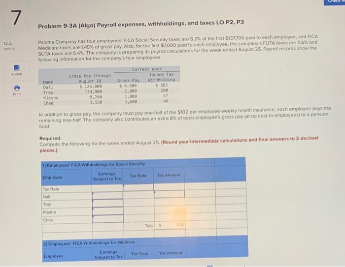 Problem 9-3A (Algo) Payroll expenses, withholdings, | Chegg.com
