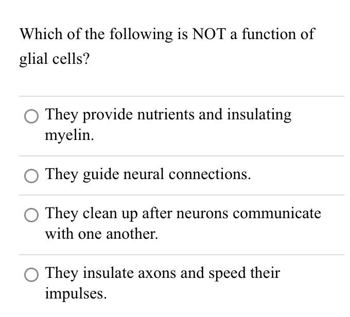 Solved Which of the following is NOT a function of glial | Chegg.com