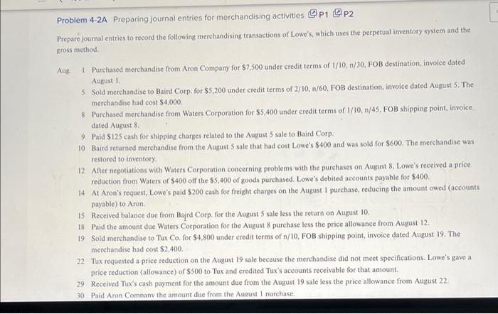 Solved Problem 4-2A Preparing journal entries for | Chegg.com