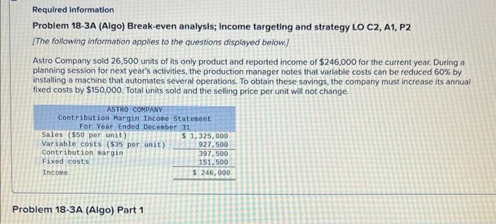 Solved Problem 18-3A (Algo) Break-even analysis; income | Chegg.com