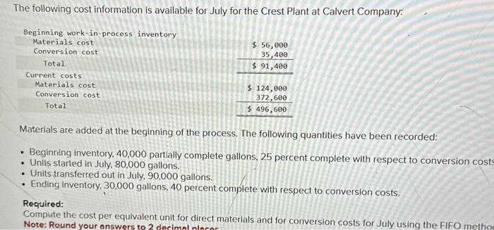 Solved The following cost information is available for July | Chegg.com