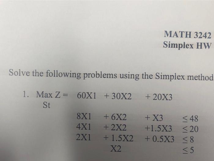 Solved MATH 3242 Simplex HW Solve the following problems | Chegg.com
