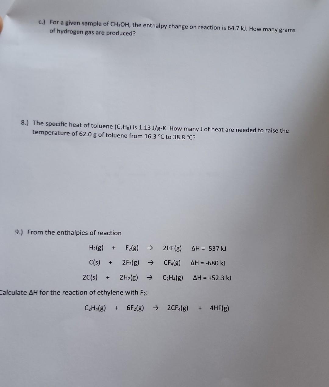 Solved c.) For a given sample of CH3OH, the enthalpy change | Chegg.com