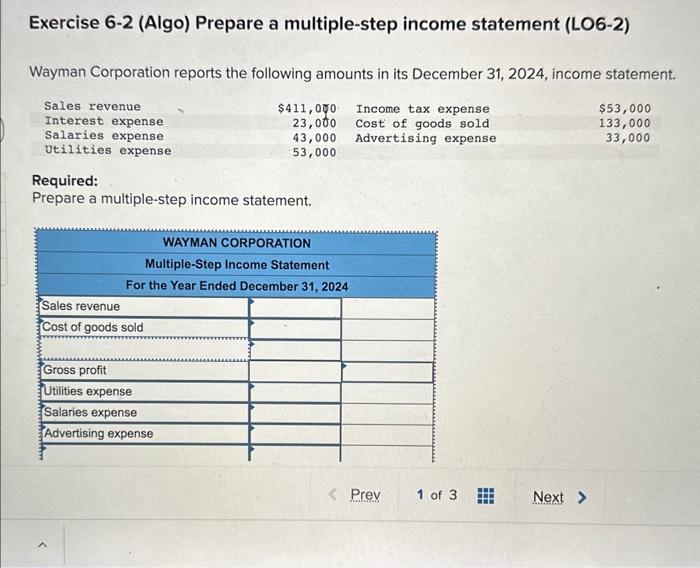 Solved Exercise 6-2 (Algo) Prepare a multiple-step income | Chegg.com