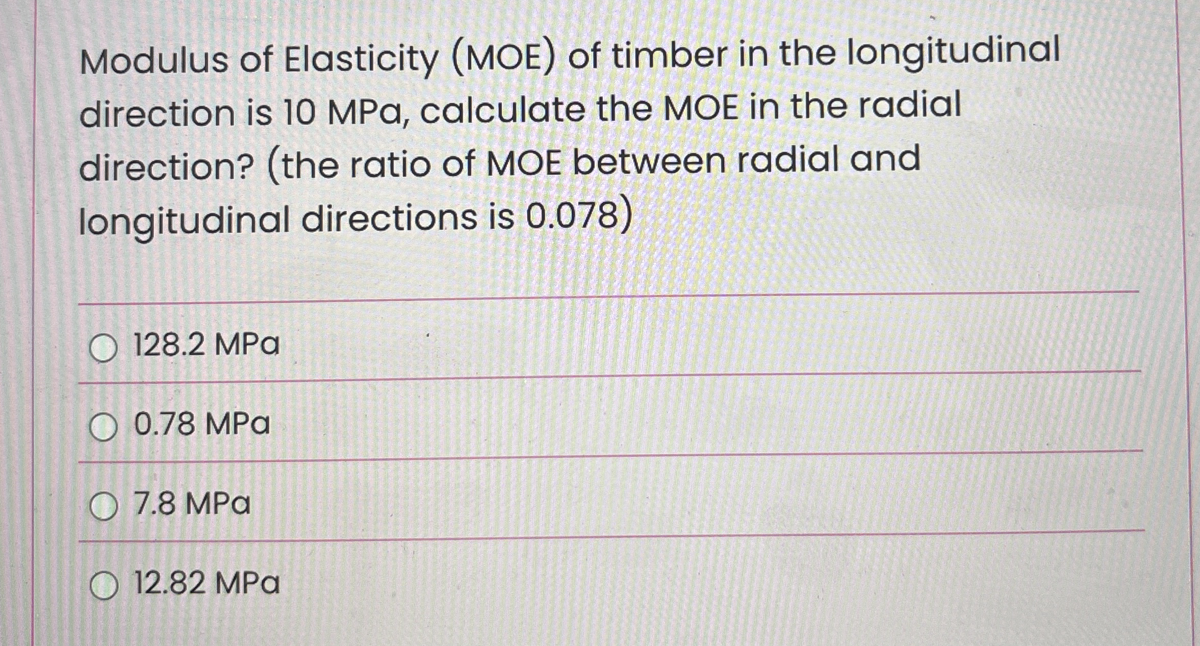 Solved Modulus of Elasticity (MOE) ﻿of timber in the | Chegg.com