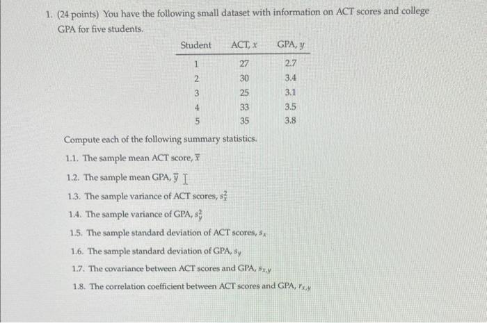 Solved 1. (24 points) You have the following small dataset | Chegg.com