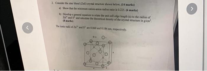 Solved 2. Consider the zine blend (ZnS) crystal structure | Chegg.com