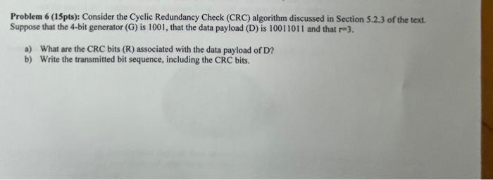 Solved Problem 6 (15pts): Consider the Cyclic Redundancy | Chegg.com