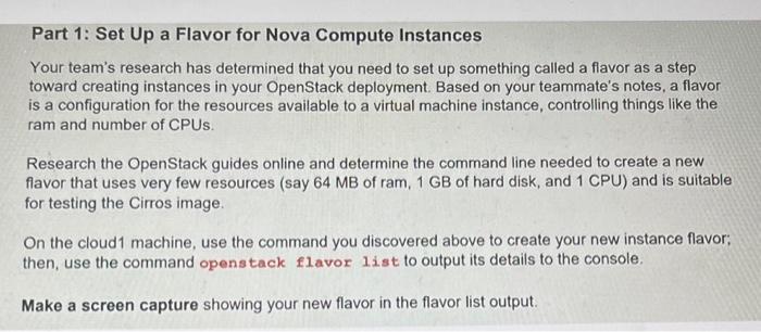 Solved Part 1: Set Up a Flavor for Nova Compute Instances | Chegg.com