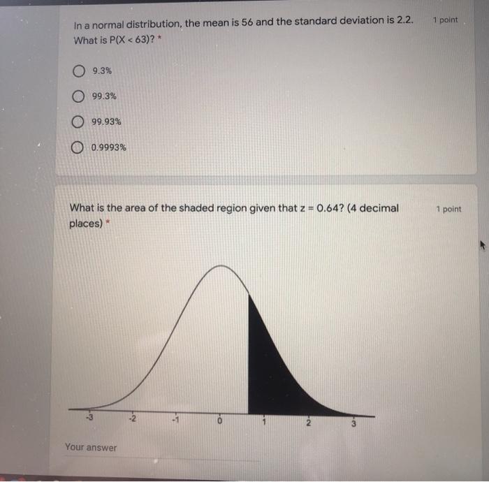 Solved 1 point In a normal distribution, the mean is 56 and | Chegg.com