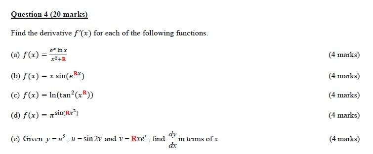 Solved Question 4 (20 marks) Find the derivative f′(x) for | Chegg.com