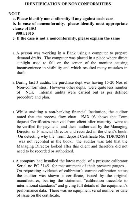 Solved IDENTIFICATION OF NONCONFORMITIES NOTE a. Please | Chegg.com