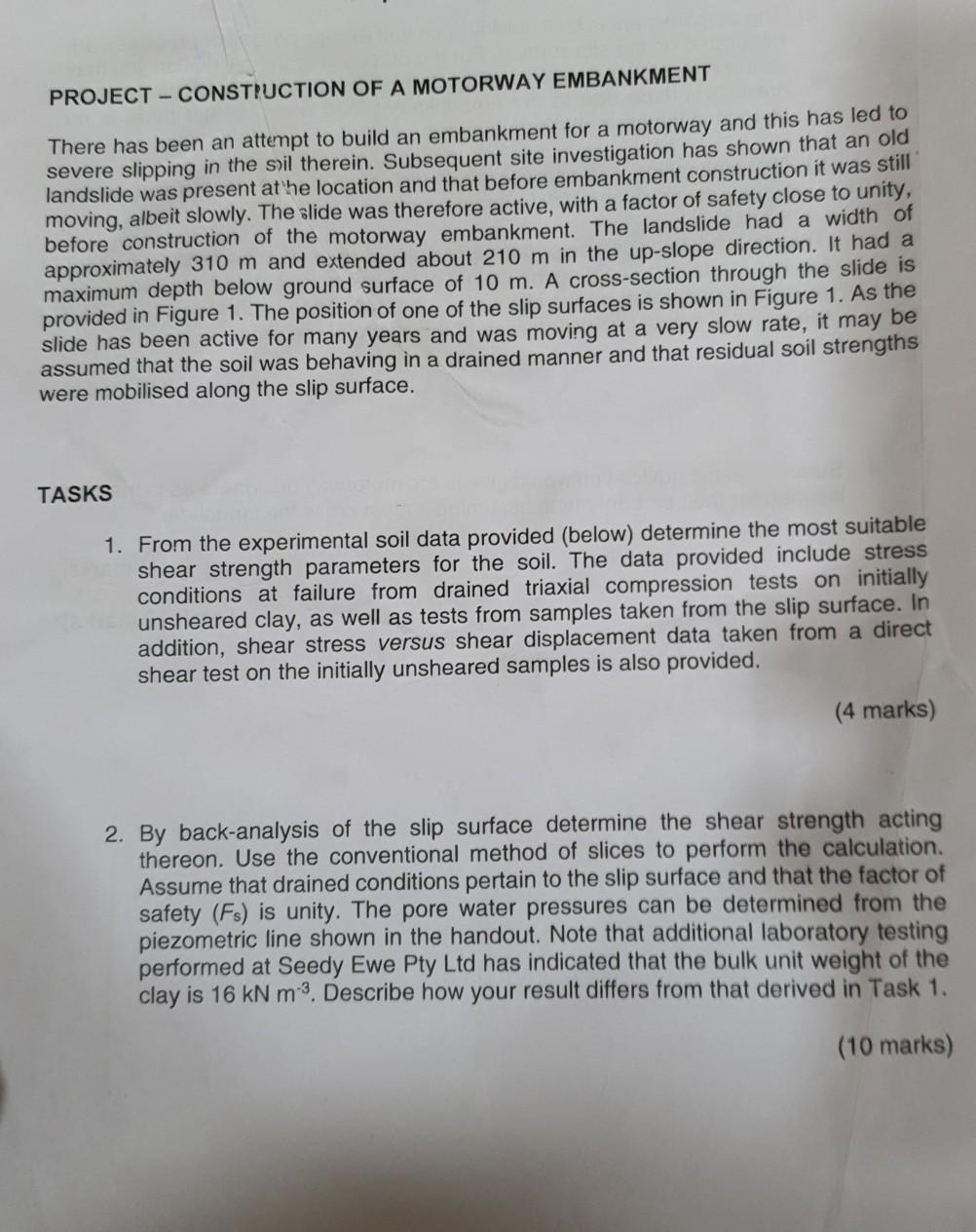 Solved PROJECT - CONSTRUCTION OF A MOTORWAY EMBANKMENT There | Chegg.com