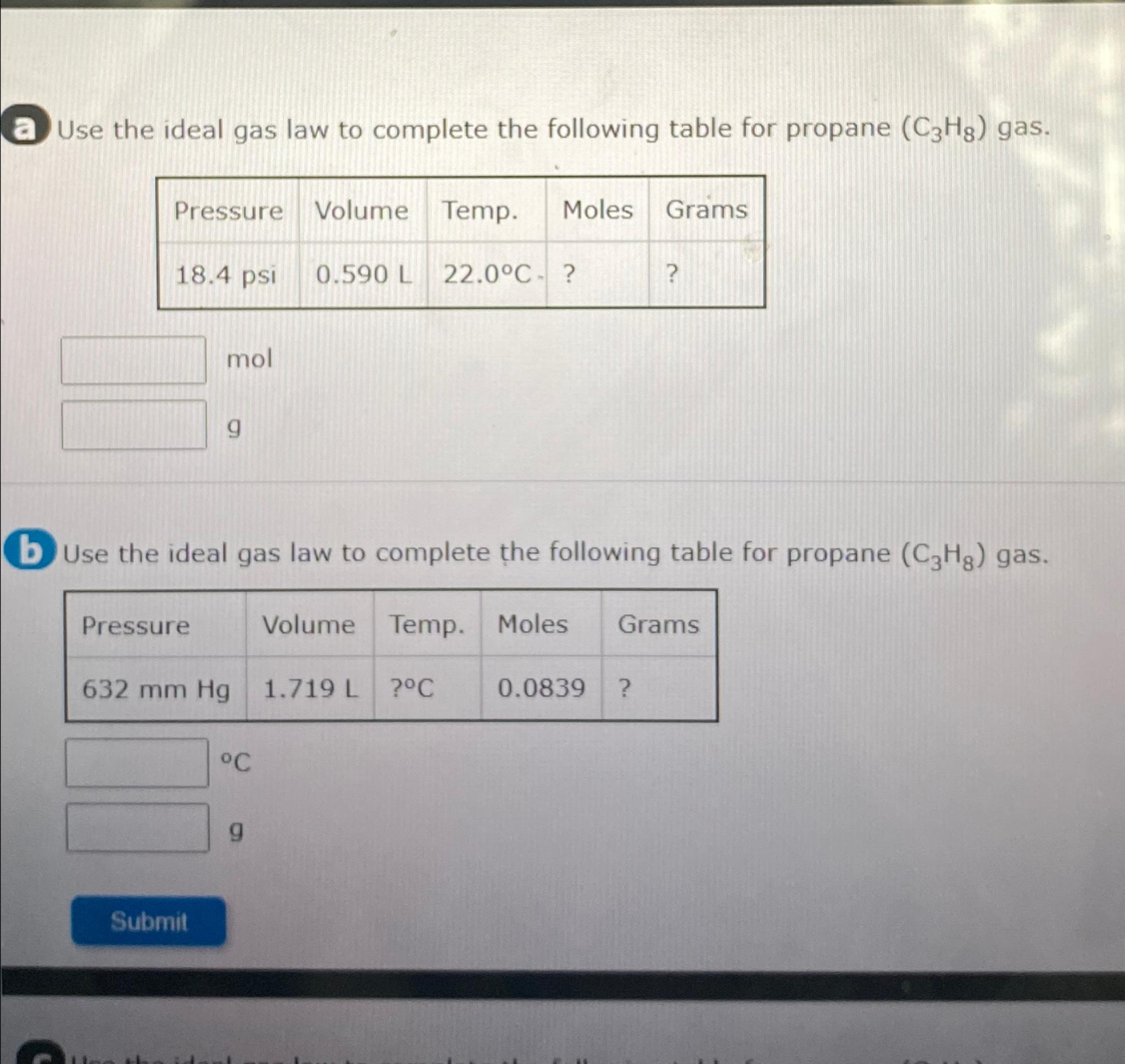 Solved Use the ideal gas law to complete the following table | Chegg.com
