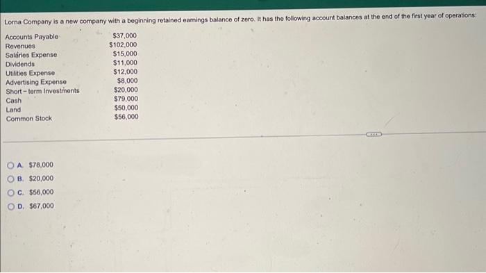 Solved A. $78,000 B. $20,000 C. $56,000 D. $67,000Lorna | Chegg.com