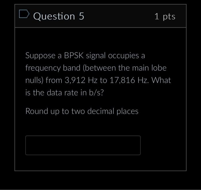 Solved Question 5 1 pts Suppose a BPSK signal occupies a | Chegg.com