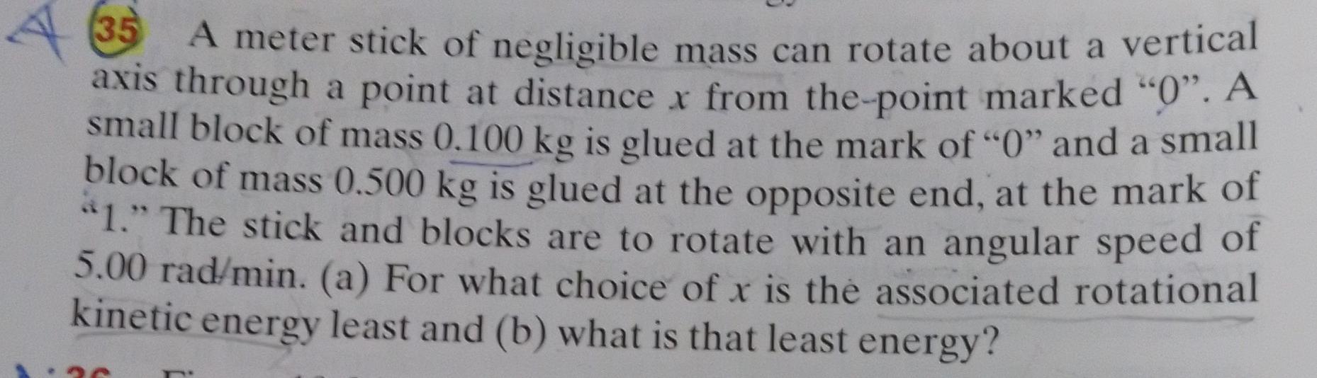 Solved (35) A meter stick of negligible mass can rotate | Chegg.com