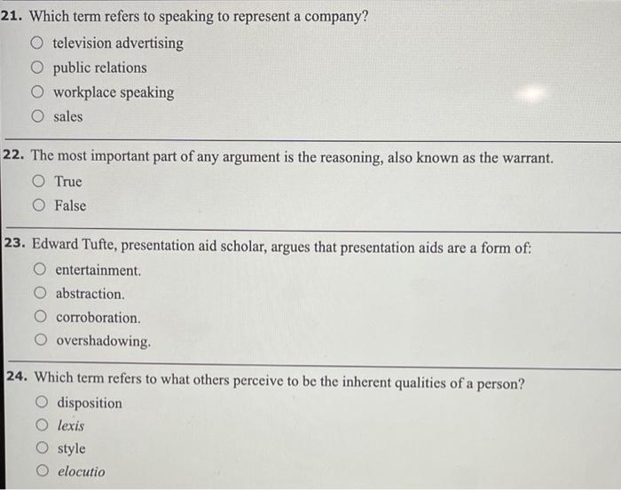 Solved 21 Which Term Refers To Speaking To Represent A Chegg