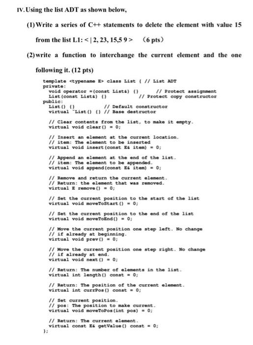 Solved ng the list ADT as shown below, Write a series of C++ | Chegg.com