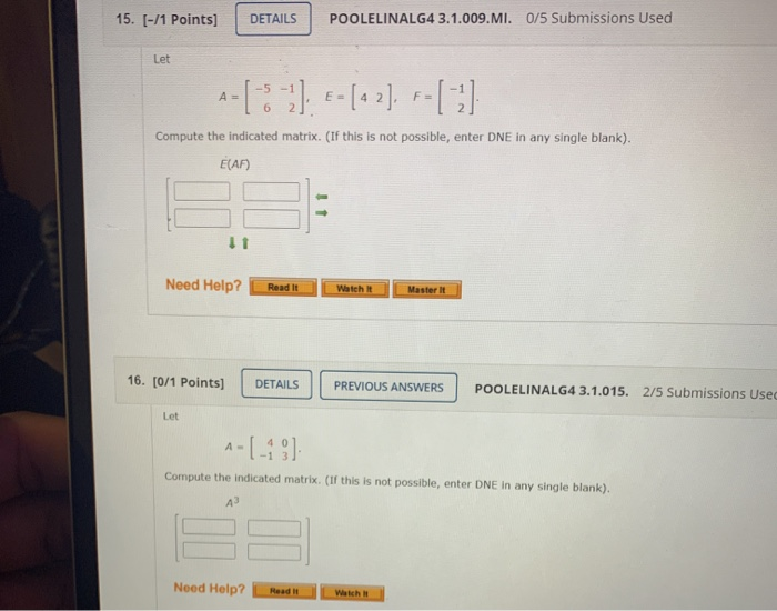 Solved 15. [-/1 Points] DETAILS POOLELINALG4 3.1.009.MI. 0/5 | Chegg.com