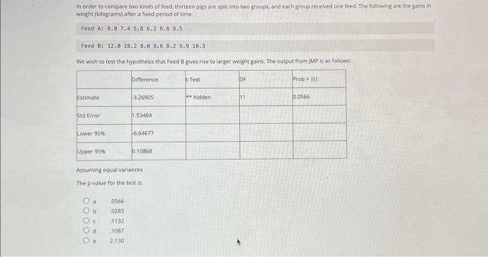 Solved In order to corropare two kinds of feed, thirteen | Chegg.com