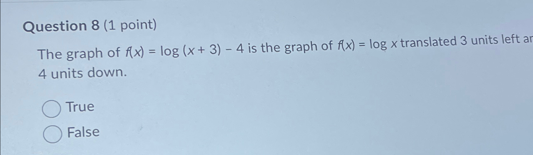 Solved Question 8 (1 ﻿point)The graph of f(x)=log(x+3)-4 ﻿is | Chegg.com