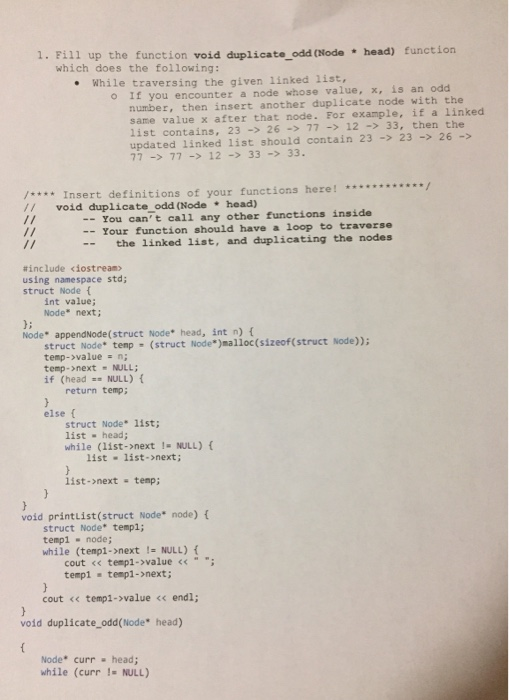 Solved 1. Fill up the function void duplicate_odd (Node * | Chegg.com