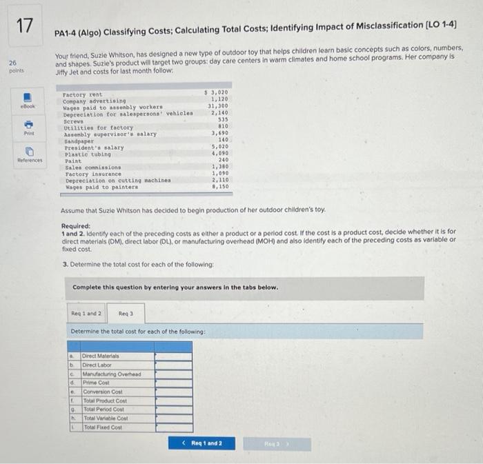 Solved 17 PA1-4 (Algo) Classifying Costs; Calculating Total | Chegg.com