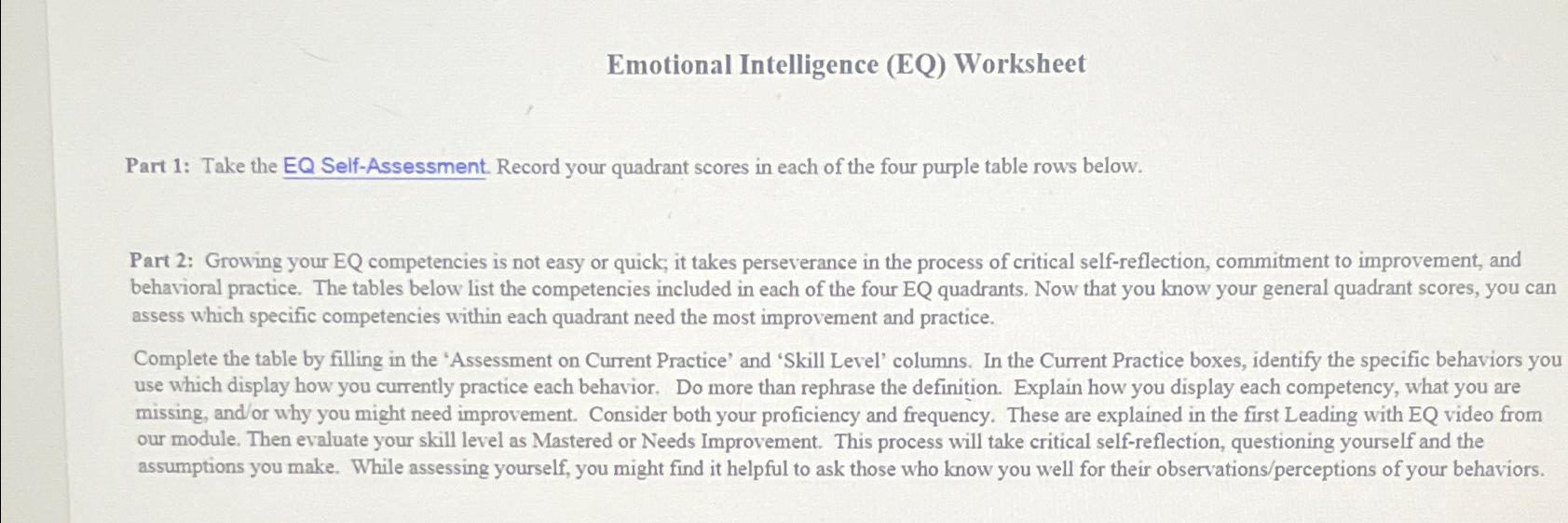 Solved Emotional Intelligence (EQ) ﻿WorksheetPart 1: Take | Chegg.com
