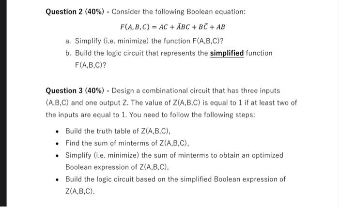 Solved Question 2 (40\%) - Consider the following Boolean | Chegg.com