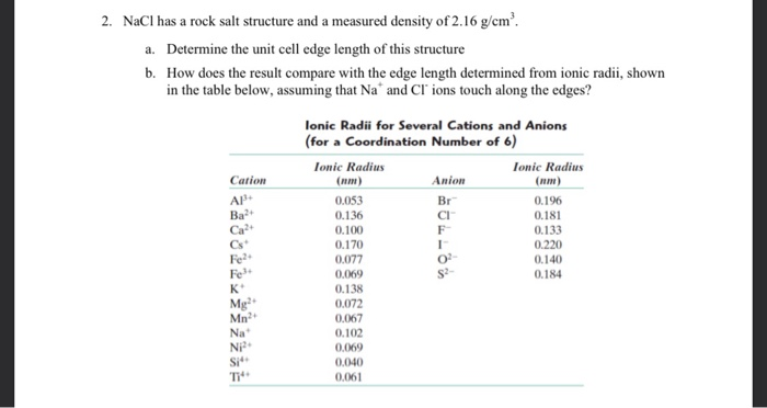 Solved 2. NaCl has a rock salt structure and a measured | Chegg.com