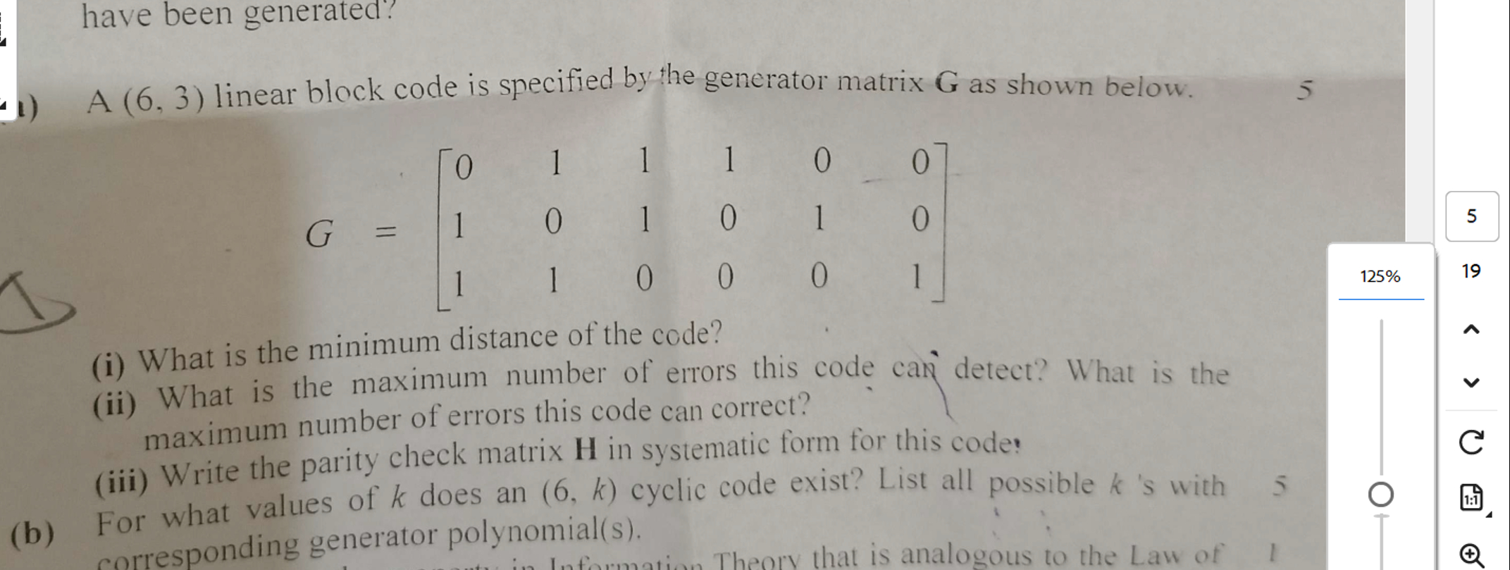 Solved A (6,3) ﻿linear block code is specified by the | Chegg.com