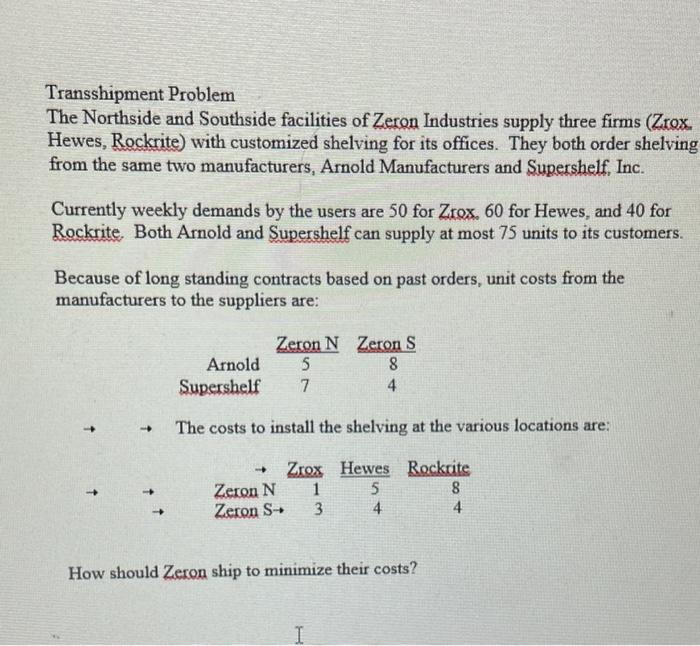 Solved Transshipment Problem The Northside and Southside | Chegg.com