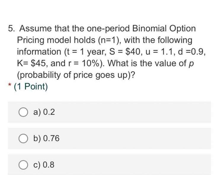 Solved 5. Assume that the one-period Binomial Option Pricing | Chegg.com