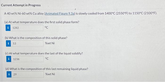 Solved A 40 wt %Ni−60 wt % Cu alloy (Animated Figure 9.3a) | Chegg.com