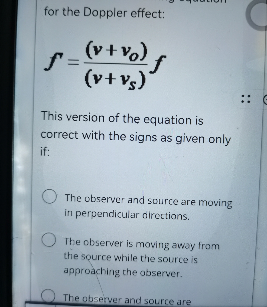 Solved for the Doppler effect:f'=(v+vo)(v+vs)fThis version | Chegg.com