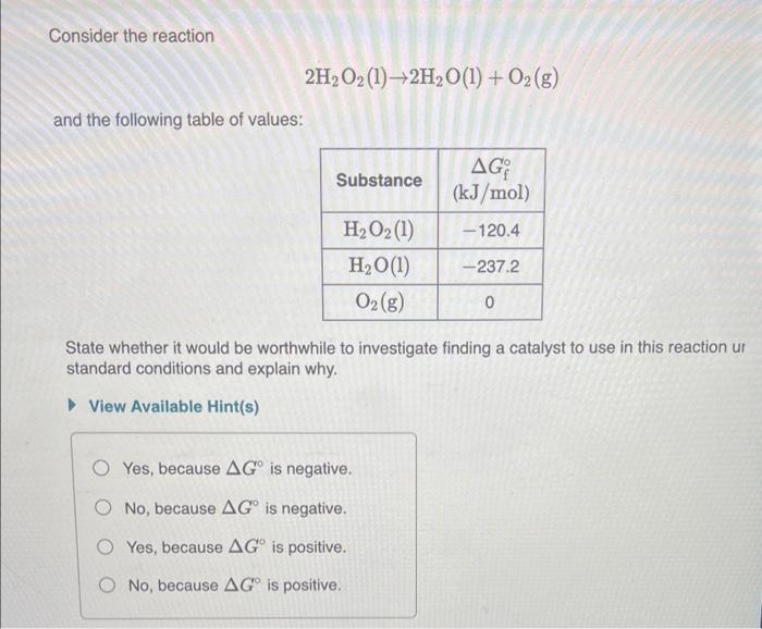 Solved Consider the reaction 2H2O2(l)→2H2O(l)+O2( g) and the | Chegg.com