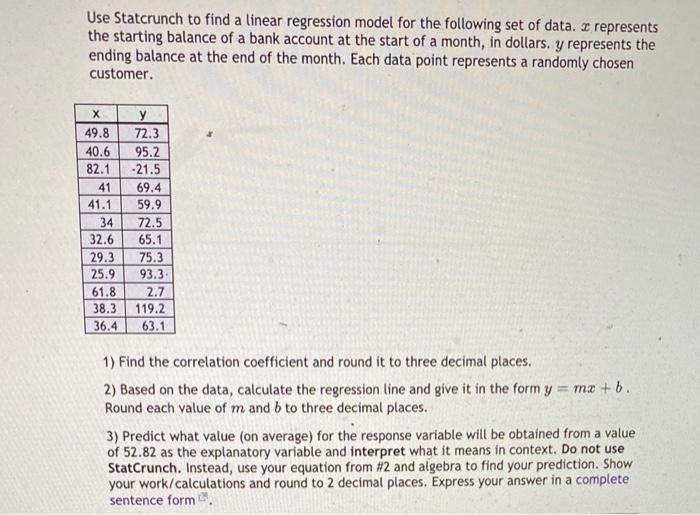 Solved Use Statcrunch to find a linear regression model for | Chegg.com