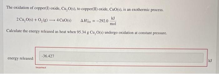 Solved The oxidation of copper(I) oxide, Cu2O(s), to | Chegg.com