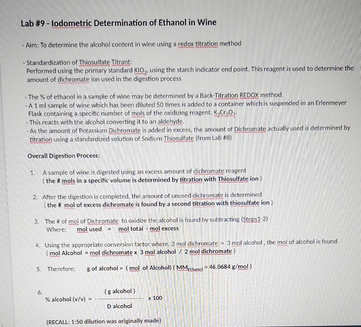 Solved Lab #9 - lodometric Determination of Ethanol in Wine | Chegg.com