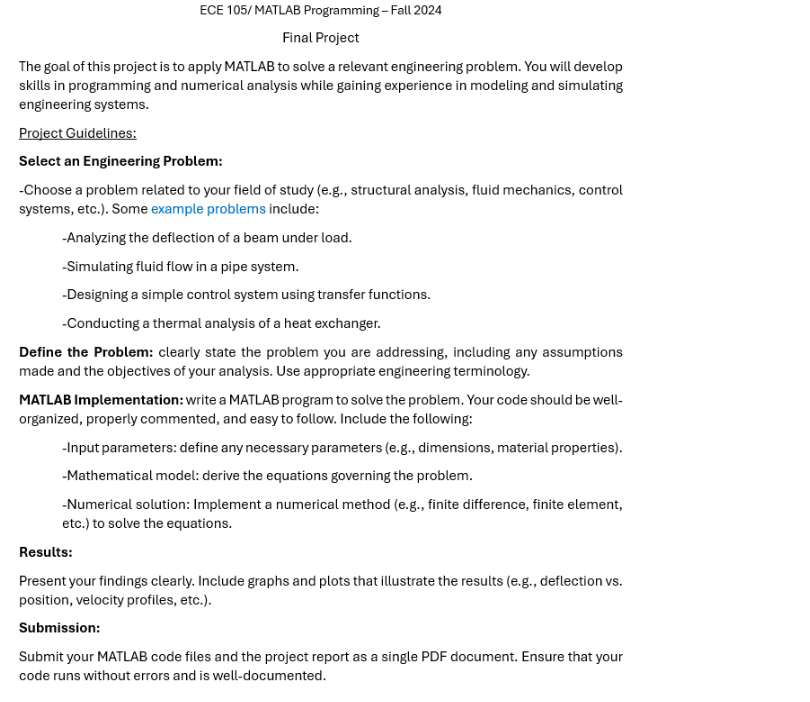 Solved ECE 105/ ﻿MATLAB Programming - ﻿Fall 2024Final | Chegg.com