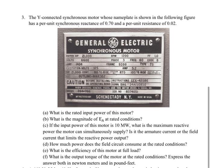 Solved 3. The Y-connected synchronous motor whose nameplate | Chegg.com