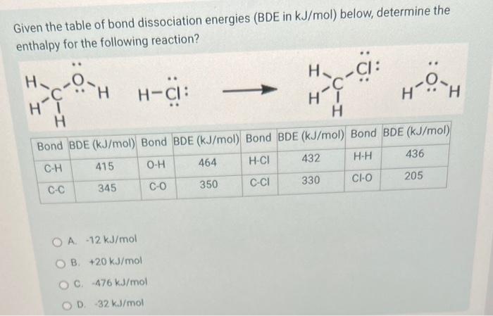 Solved Given the table of bond dissociation energies (BDE in | Chegg.com