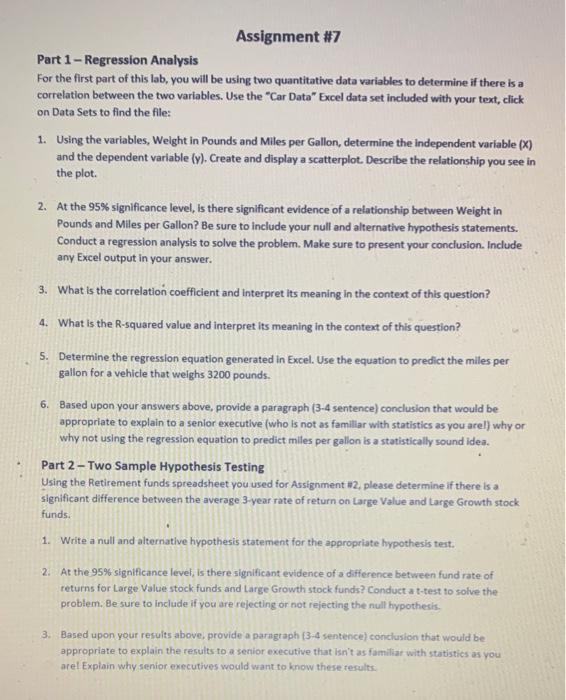 Solved Assignment #7 Part 1-Regression Analysis For the | Chegg.com