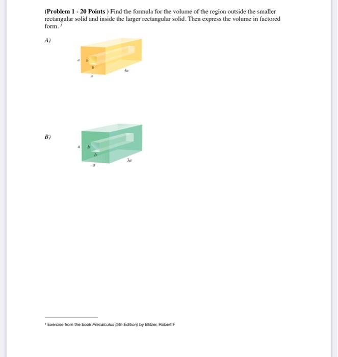 Solved (Problem 1-20 Points) Find the formula for the volume | Chegg.com