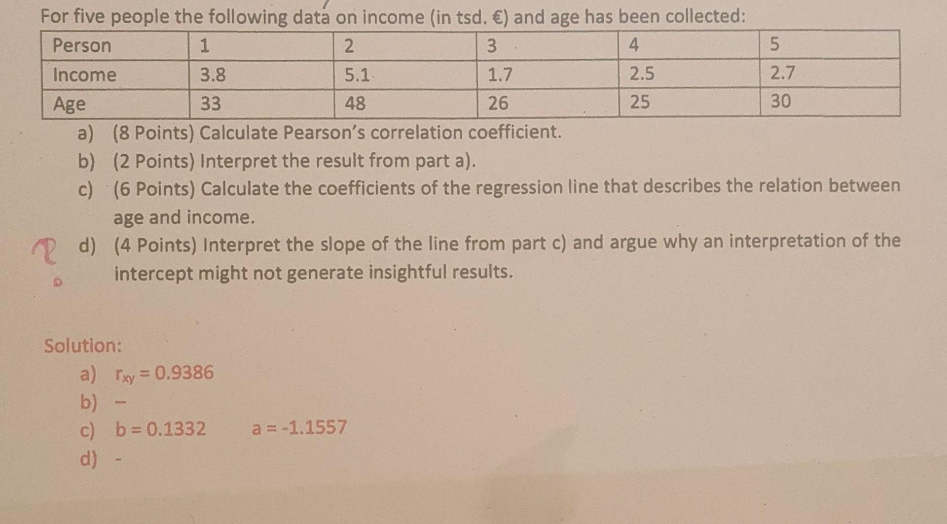 Solved a) (8 Points) Calculate Pearson's correlation | Chegg.com
