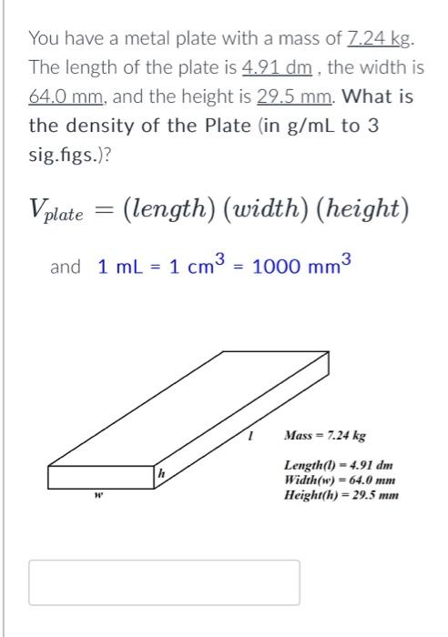 Solved The length of the plate is 4.91dm, the width is 64.0 | Chegg.com