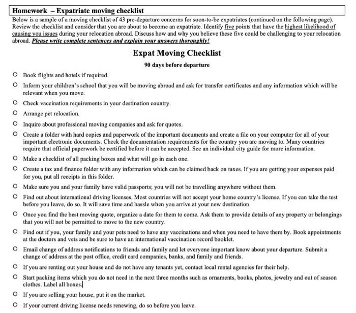 Solved Homework - Expatriate moving checklist Below is a | Chegg.com