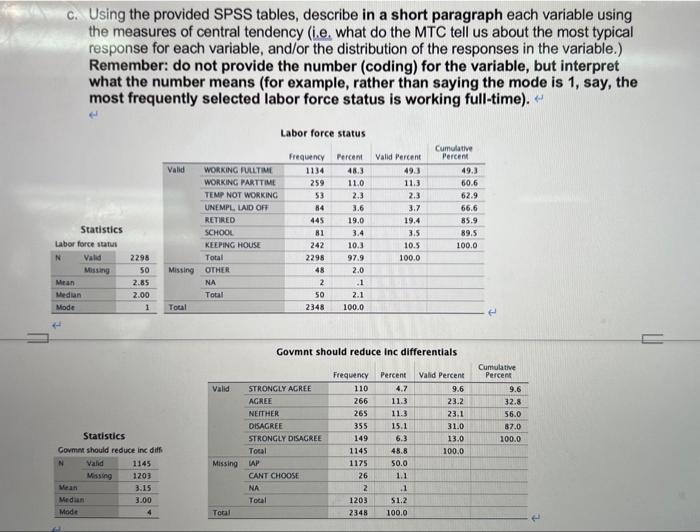 Solved c. Using the provided SPSS tables, describe in a | Chegg.com